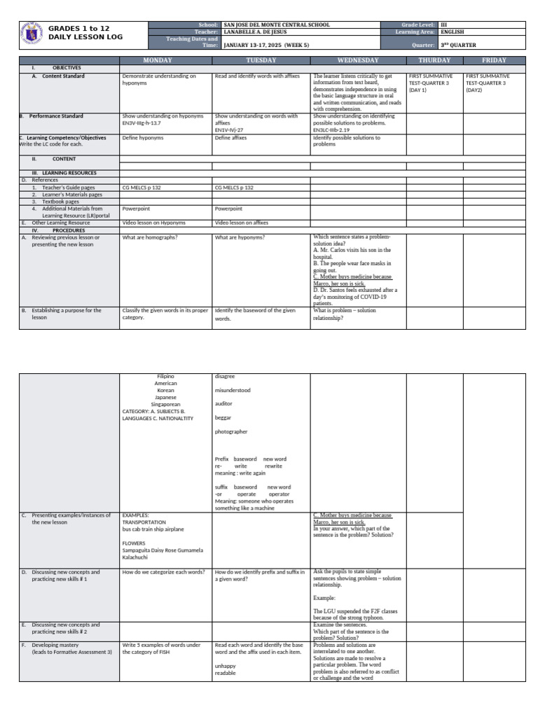 DLL_ENGLISH 3_Q3_W4 FINAL | PDF | Word | Linguistics
