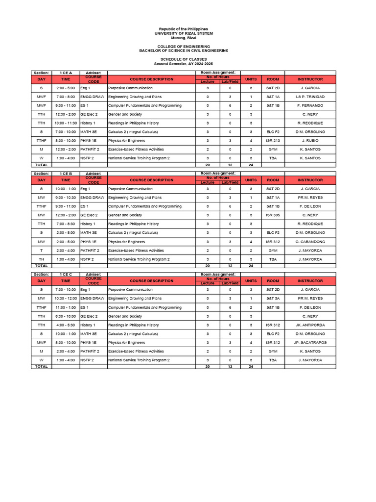 Civil Engineering Schedule 2024-2025 | PDF | Physical Sciences ...