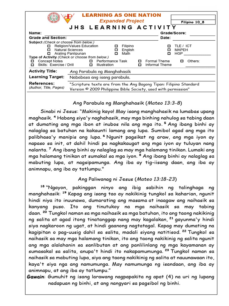 Filipino 10 LAS 8 Ang Parabula NG Manghahasik | PDF