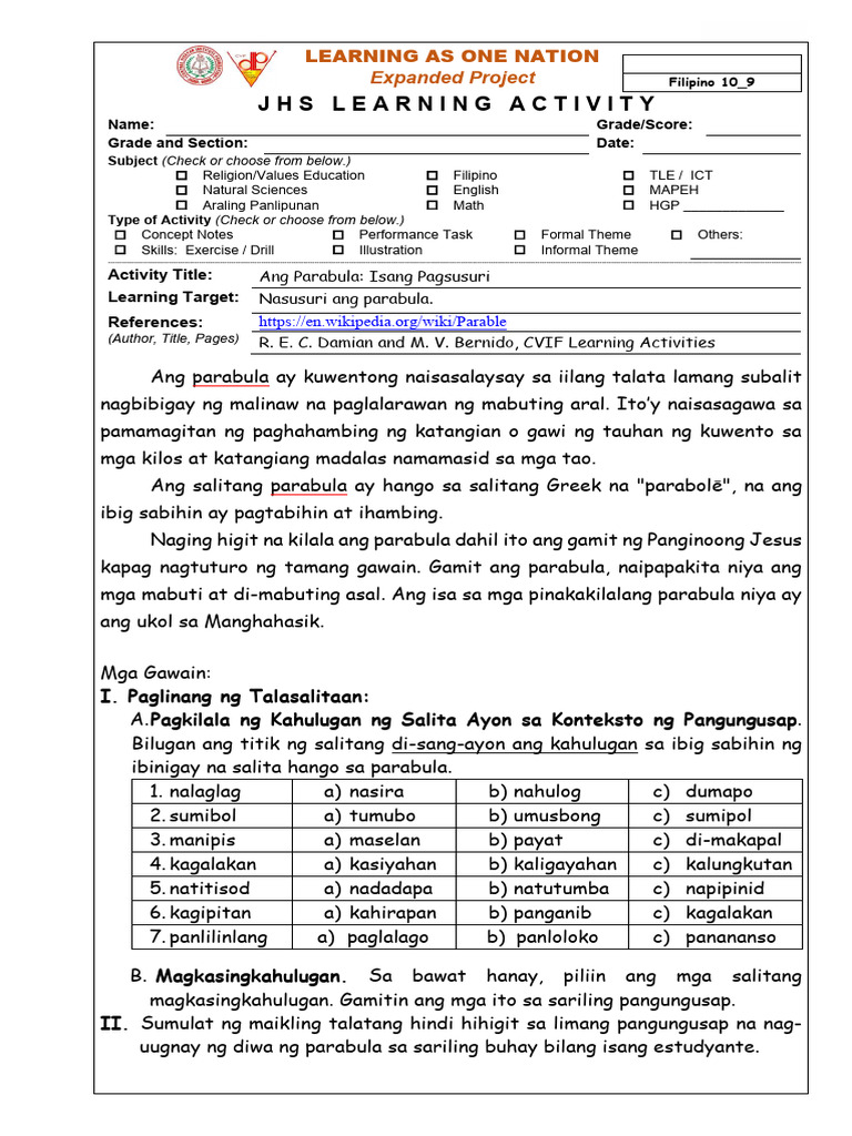 Filipino 10 LAS 9 Ang Parabula Isang Pagsusuri | PDF
