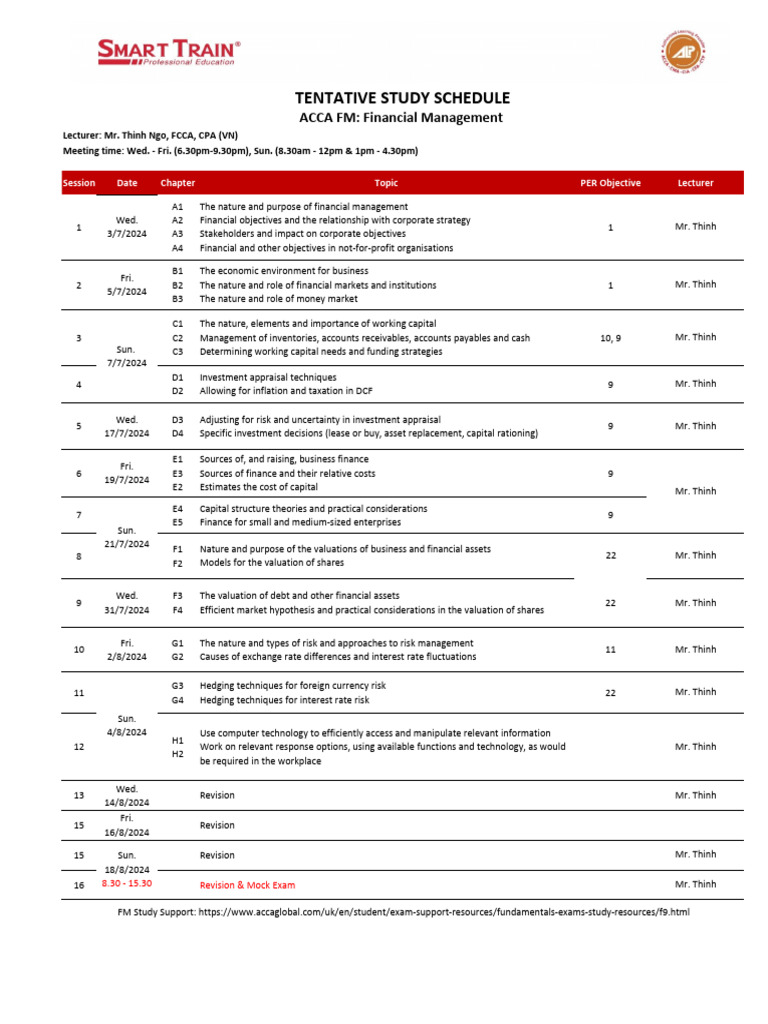 FM030724 Tentative Study Schedule | PDF | Valuation (Finance) | Economies