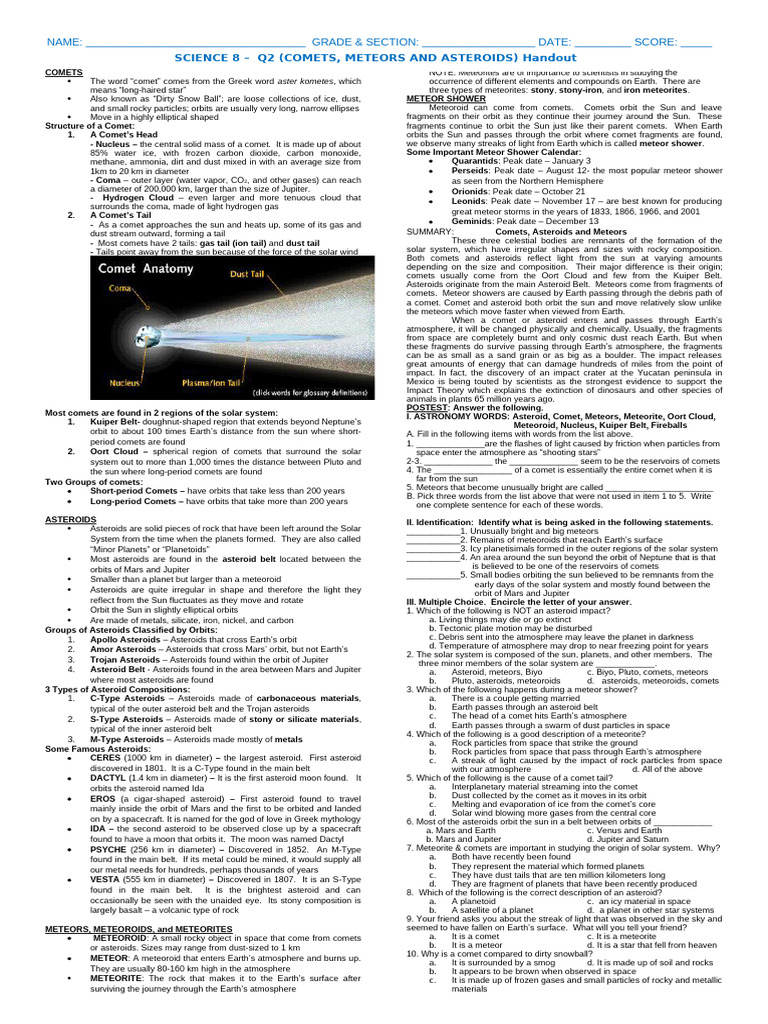 Comets Meteors Asteroids Handout and Pretest | PDF | Meteoroid | Asteroid