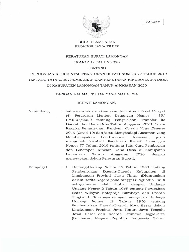 19 Perubhn Kedua Atas Perbup No 77 Tahun 2019 TTG Tata Cara Pembagian Penetapan Rincian Dana ...
