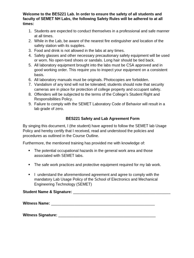 Safety and Lab Agreement Form | PDF