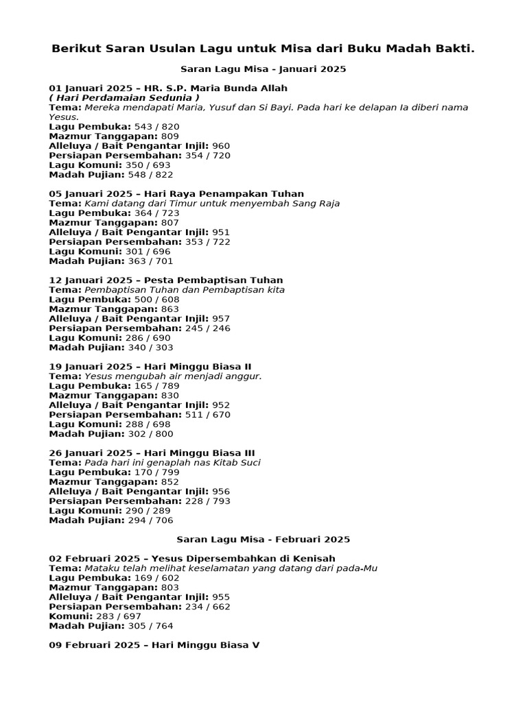 Berikut Saran Usulan Lagu Untuk Misa Dari Buku Madah Bakti | PDF