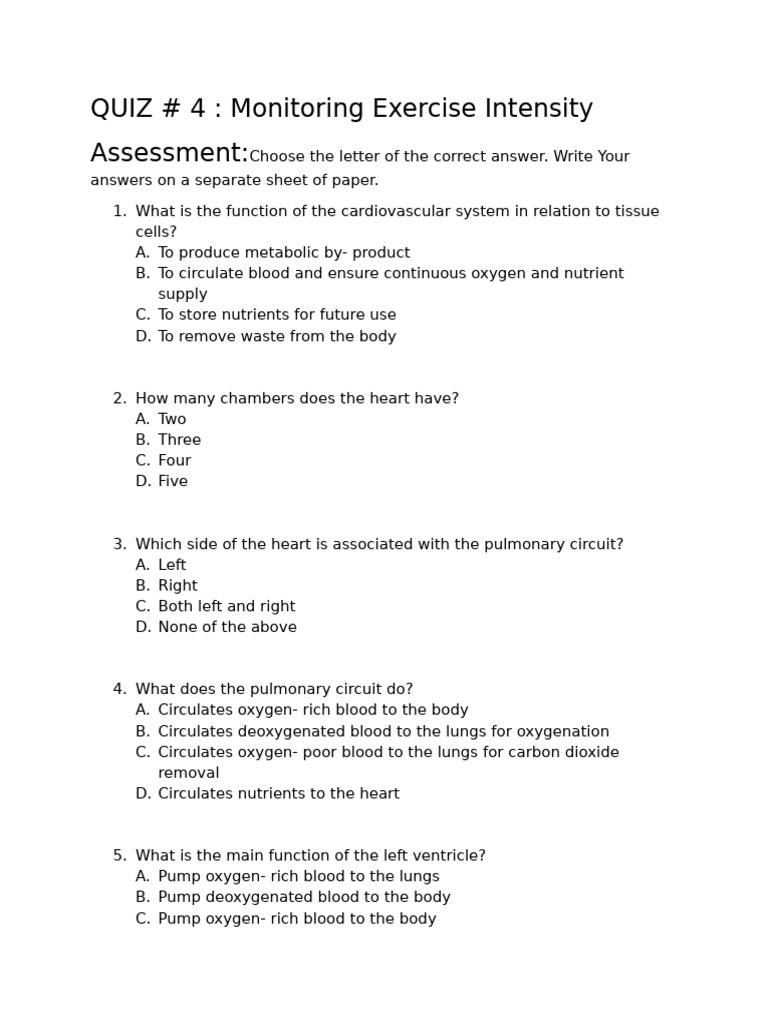 QUIZ-4-2nd-Q-Monitoring-Exercise-Intensity | PDF | Heart | Artery