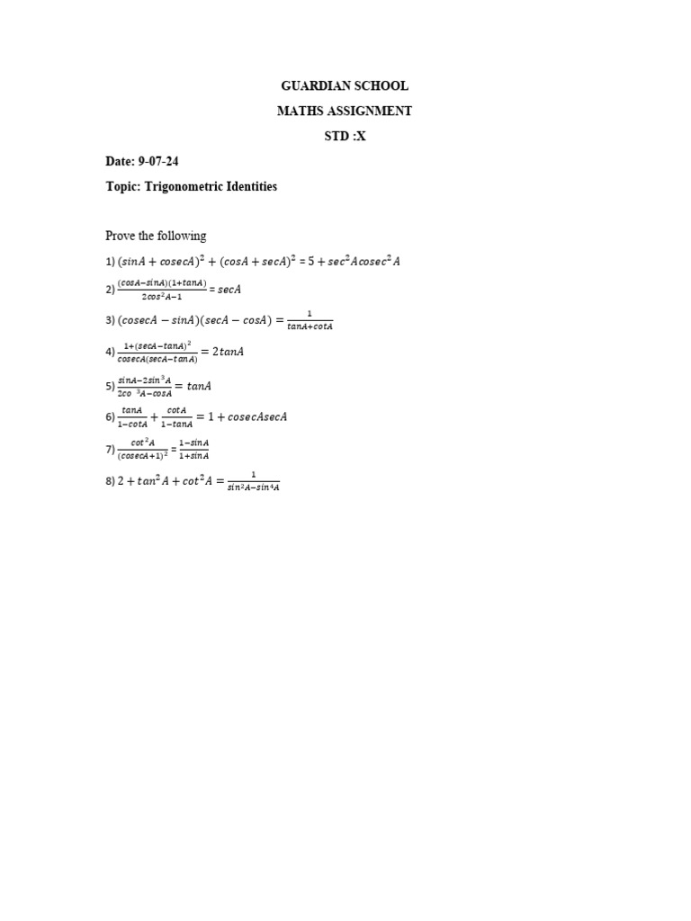 Guardian School Maths Assignment STD:X Date: 9-07-24 Topic: Trigonometric Identities | PDF