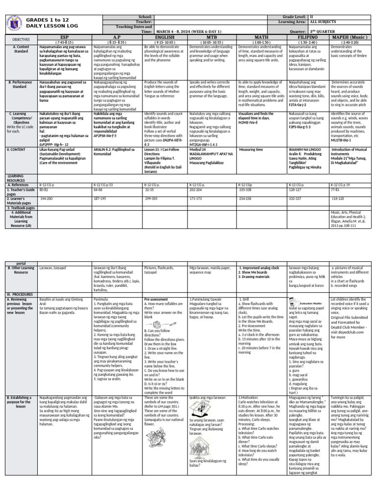 Dll All Subjects 2 q3 w6 d1 | PDF