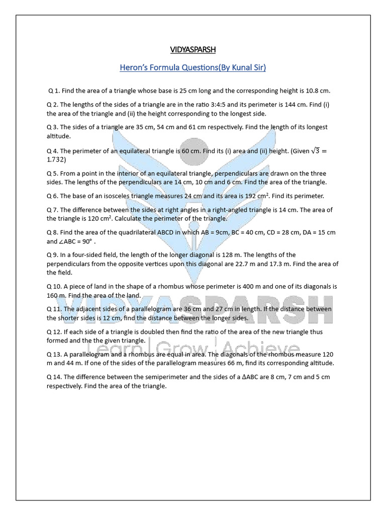 Class 9 Heron's Formula Worksheet | PDF