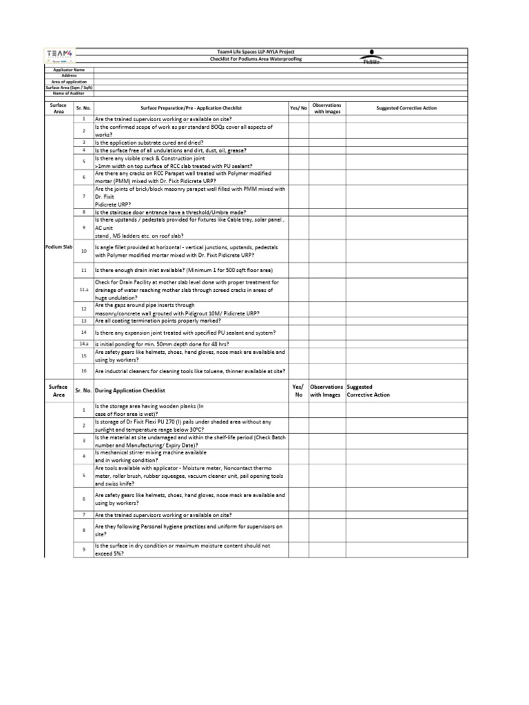 Podium Waterproofing Checklist | PDF | Building Engineering | Materials