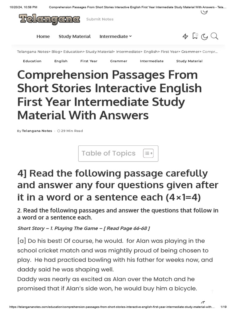 Comprehension Passages From Short Stories Interactive English First ...