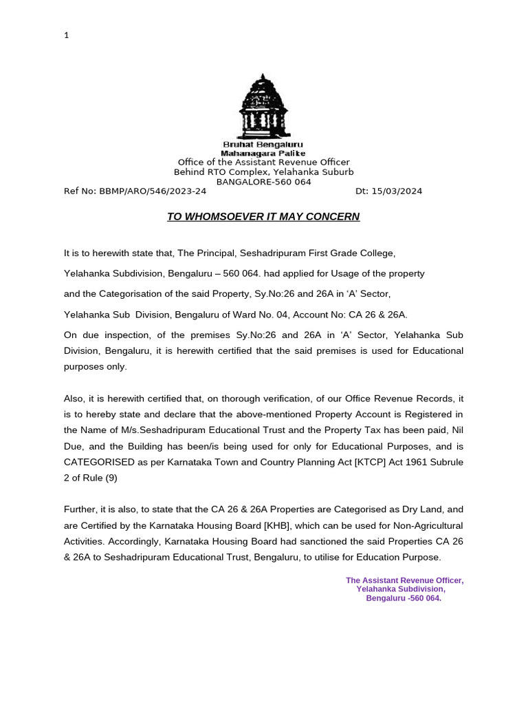 BBMP Seshadripuram Letter of Usage and Category | PDF