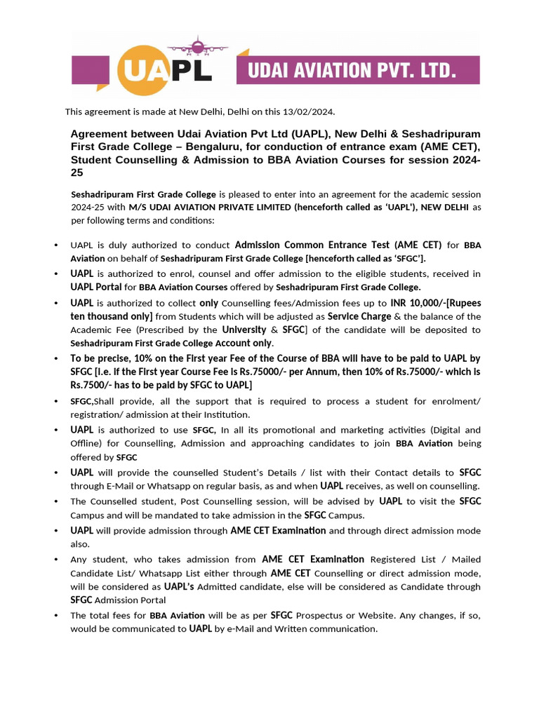 AMC CET College Agreement (MOU) First Grade College at Bengaluru - 2024-25 MS Word | PDF | Fee