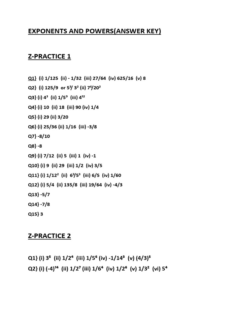 Exponents and Powers Answer Key | PDF