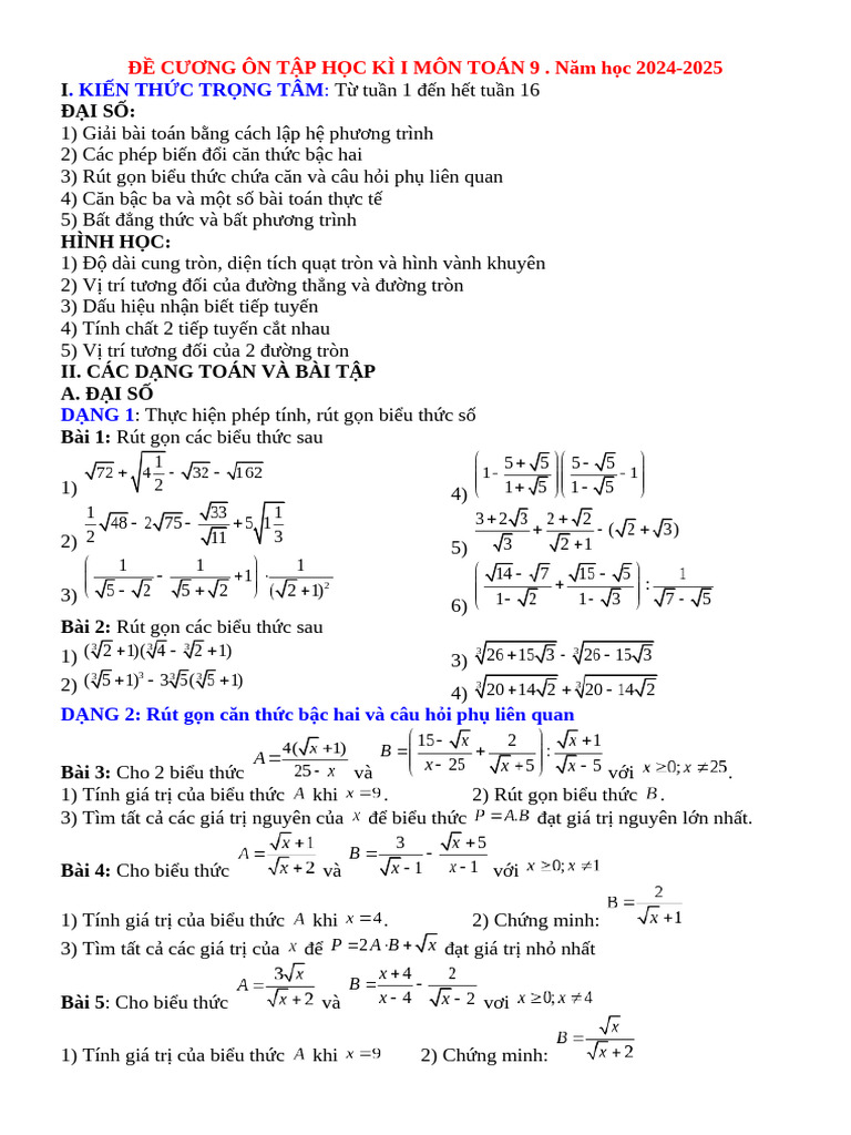 ĐỀ CƯƠNG HKI TOÁN 9 | PDF