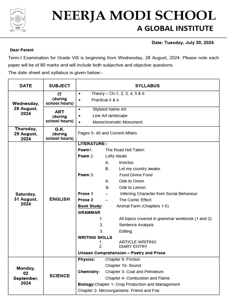 VIII - Syllabus and Date Sheet | PDF