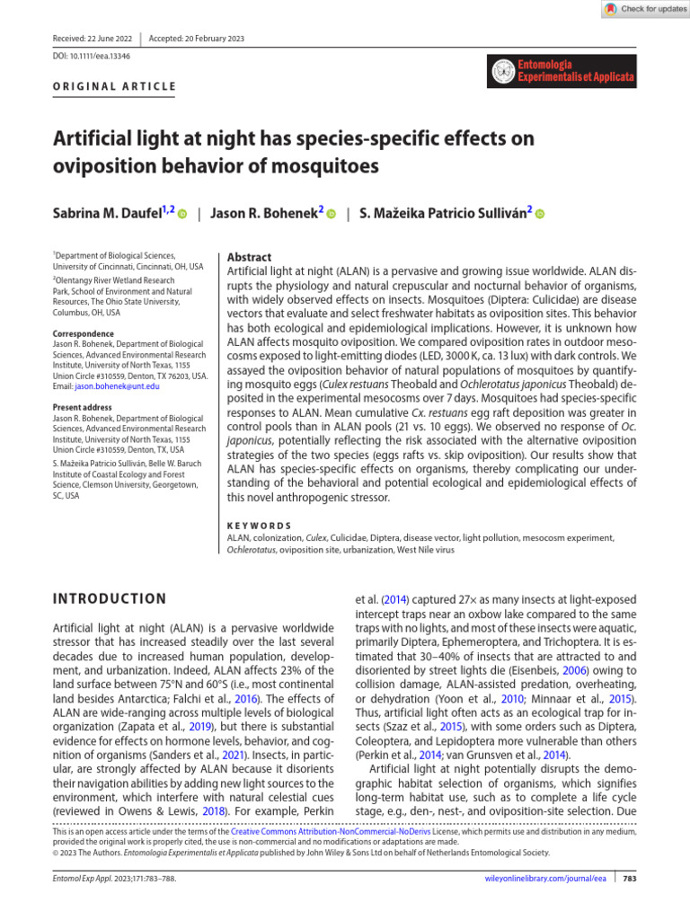 Entomologia Exp Applicata - 2023 - Daufel - Artificial Light at Night Has Species Specific ...