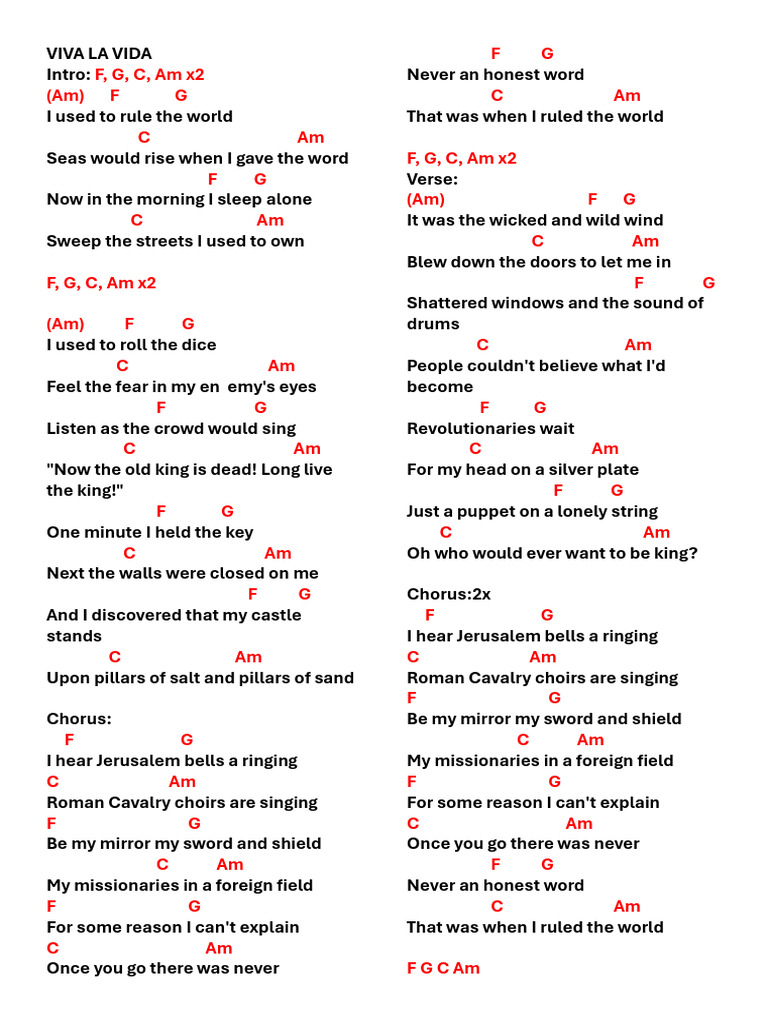 Viva La Vida Lyrics and Chords | PDF | Song Structure | Songs