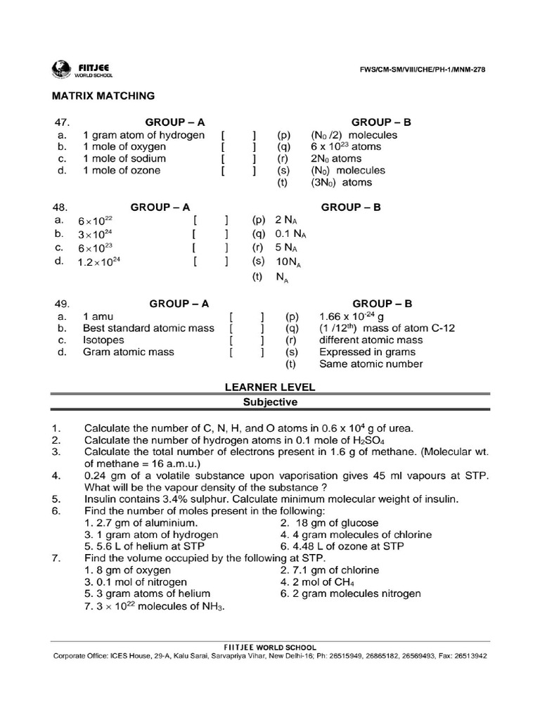 Mole Concept Worksheet | PDF