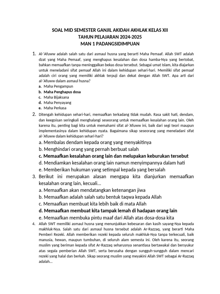 Soal Mid Semester Ganjil Akidah Akhlak Kelas Xii | PDF