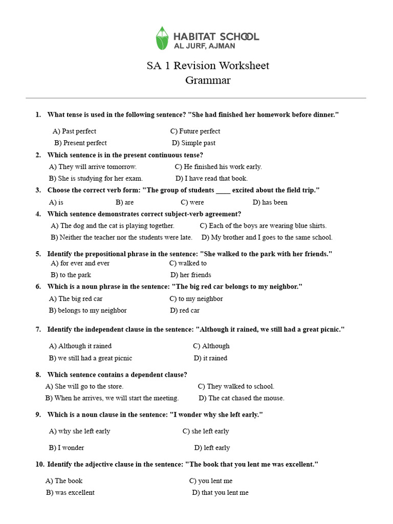 Sa1 Grammar Rev WKST | PDF | Verb | Phrase