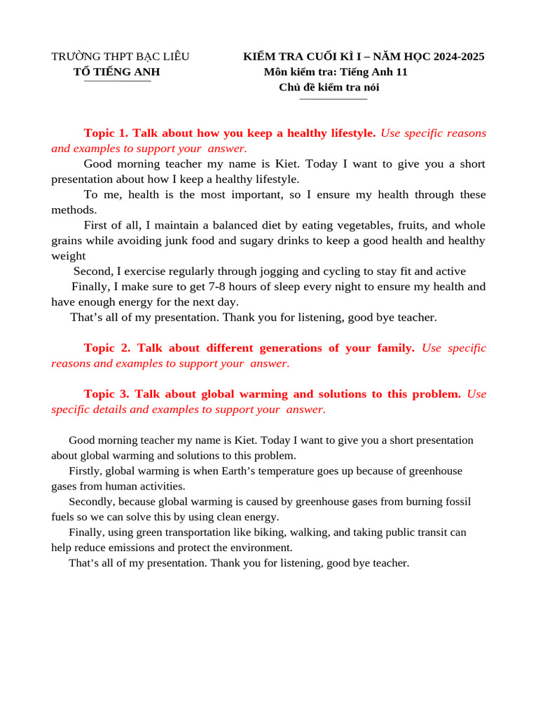 Đề Thi Nói HKI- TA11!24!25 | PDF