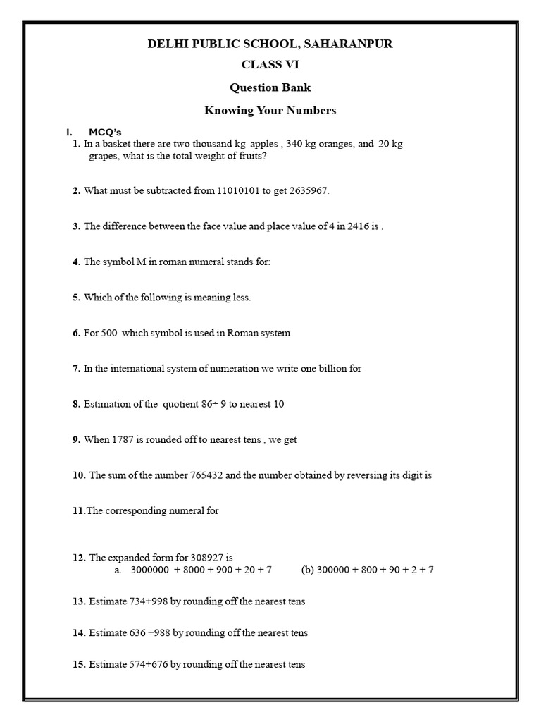 Class 6 Question Bank Knowing Your Numbers | PDF | Arithmetic | Mathematics
