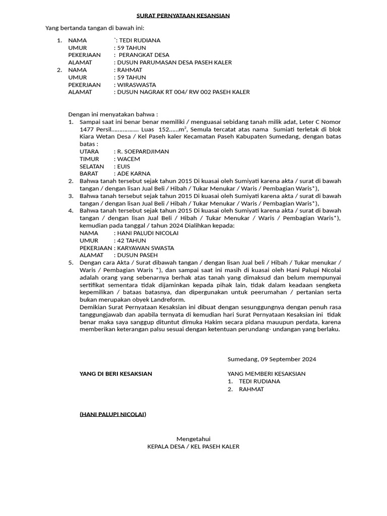 Surat Pernyataan Kesaksian Tanah 2024 | PDF
