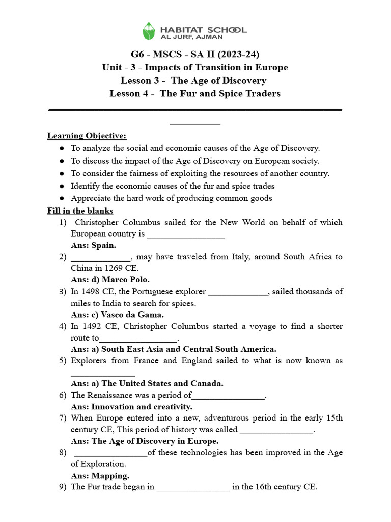 G6 - MSCS-Notes-Unit-3 Lesson 3 and 4 - SA II 2023-24 | PDF | Age Of ...