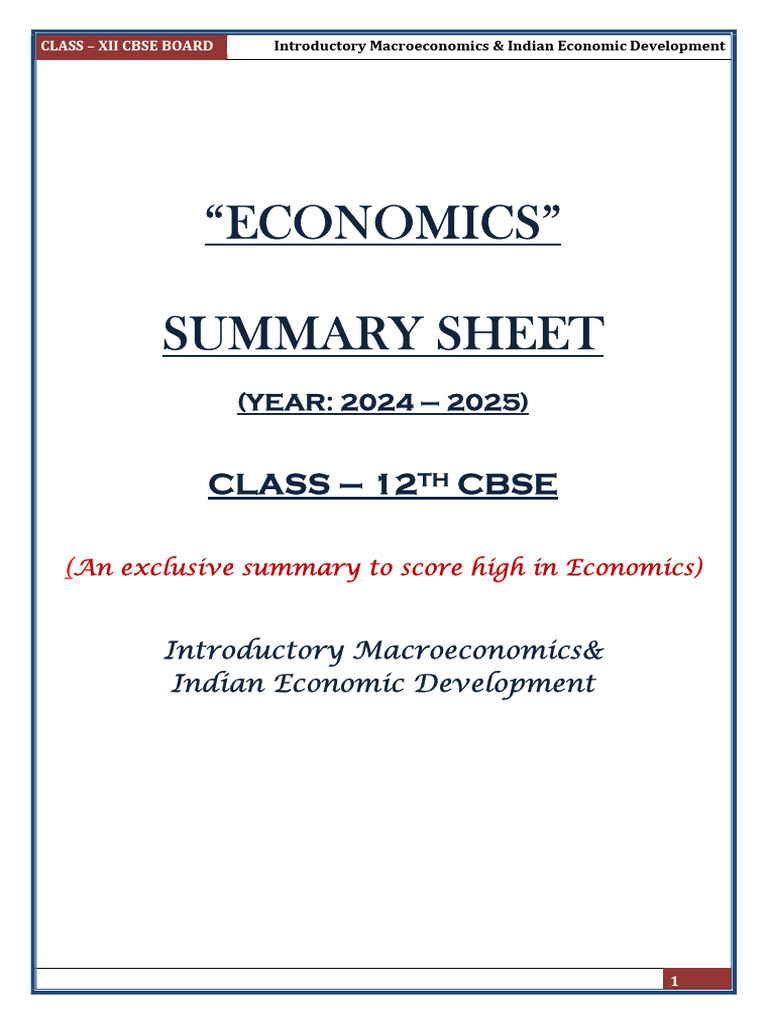 CBSE Class 12 Economics Summary 2024 | PDF | Gross Domestic Product ...