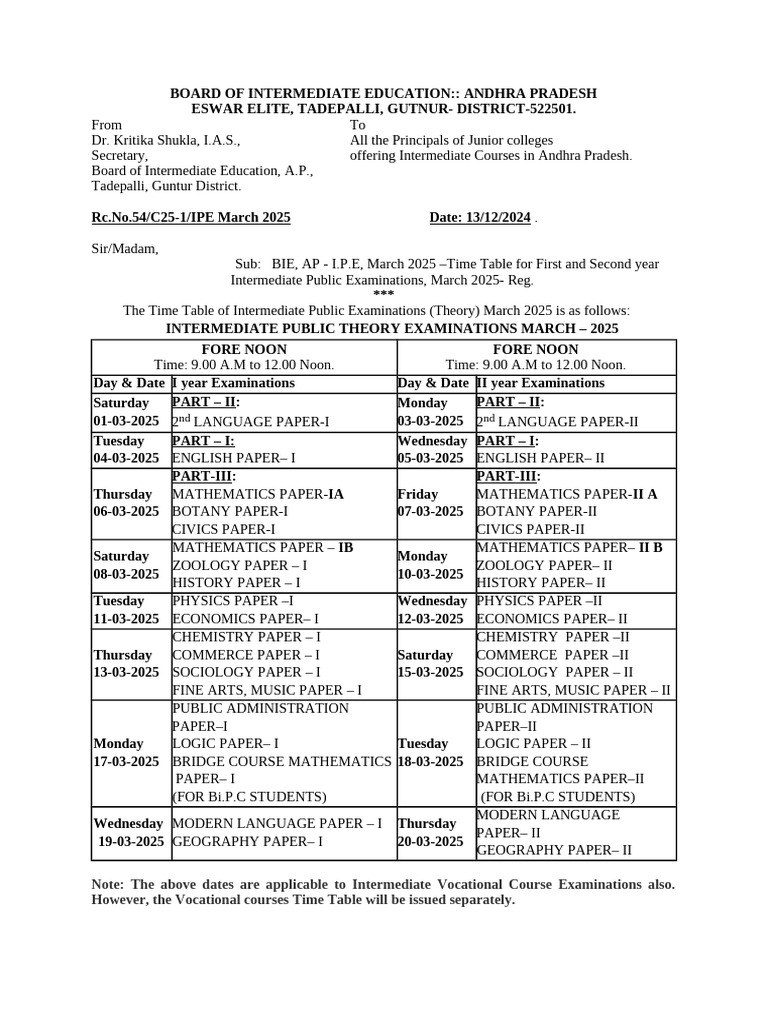 IPE March 2025 Exam Time Table | PDF