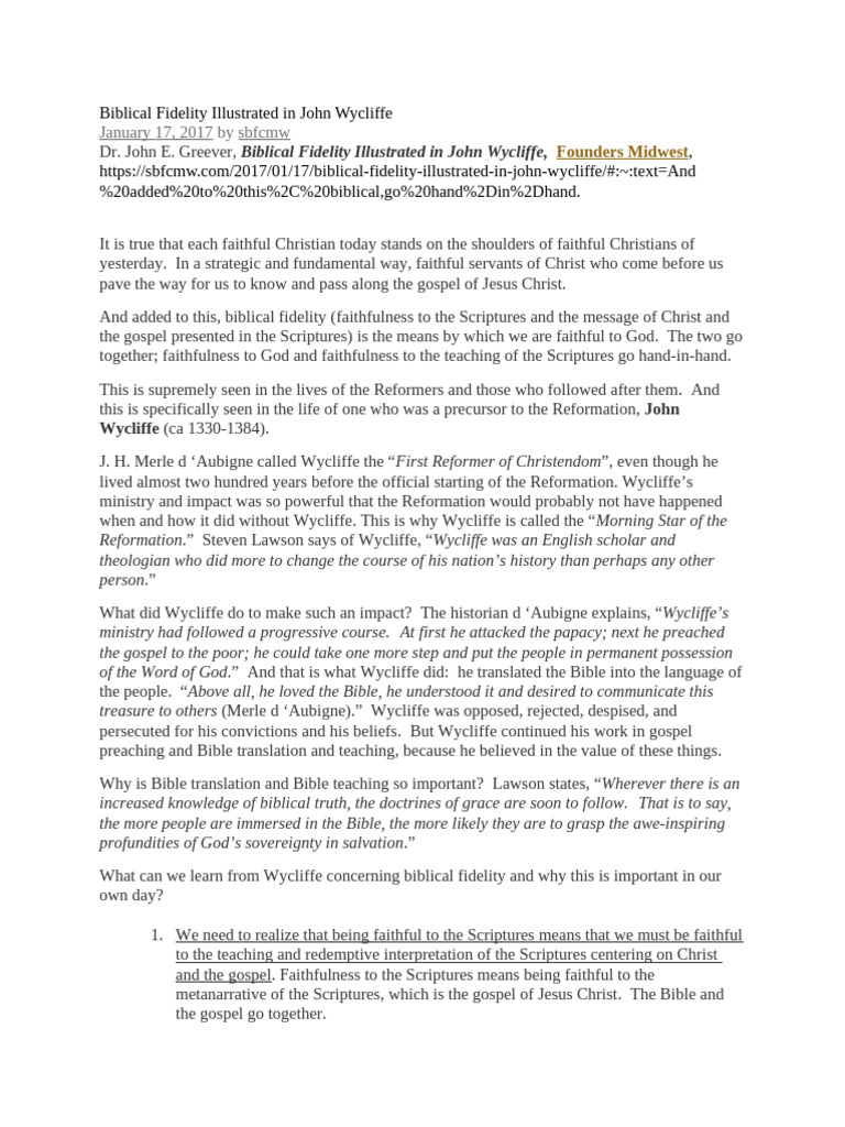 Biblical Fidelity Illustrated in John Wycliffe | PDF | Bible | Salvation