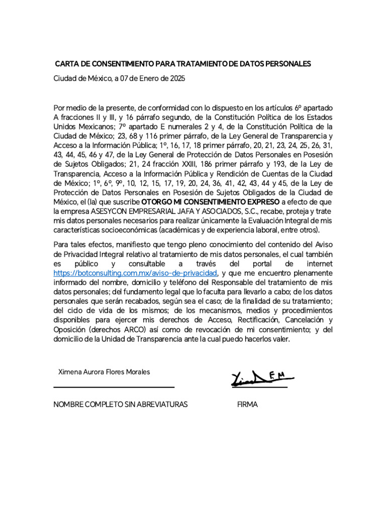 Carta de Consentimiento para Tratamiento de Datos Personales | PDF