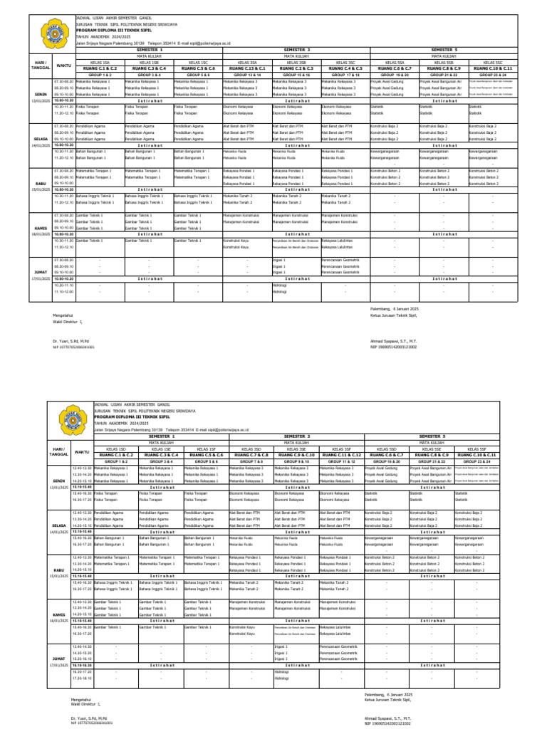 Jadwal Ujian Semester Ganjil D3 2024-2025 (Mahasiswa) | PDF