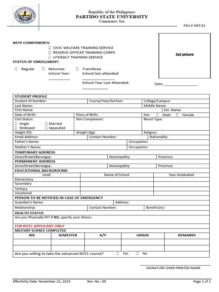 NSTP Registration Form NST 01 | PDF