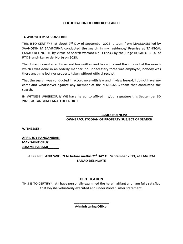 Certification of Orderly Search | PDF