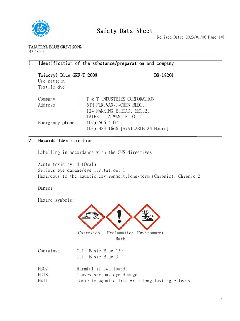 Taiacryl Blue GRF-T 200% SDS | PDF | Toxicity | Occupational Safety And Health