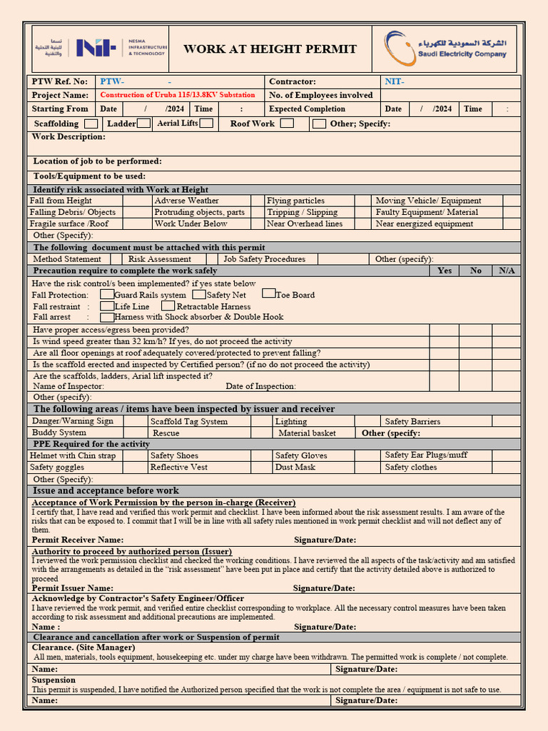 Work at Height Permit Form-2020 | PDF | Scaffolding | Safety