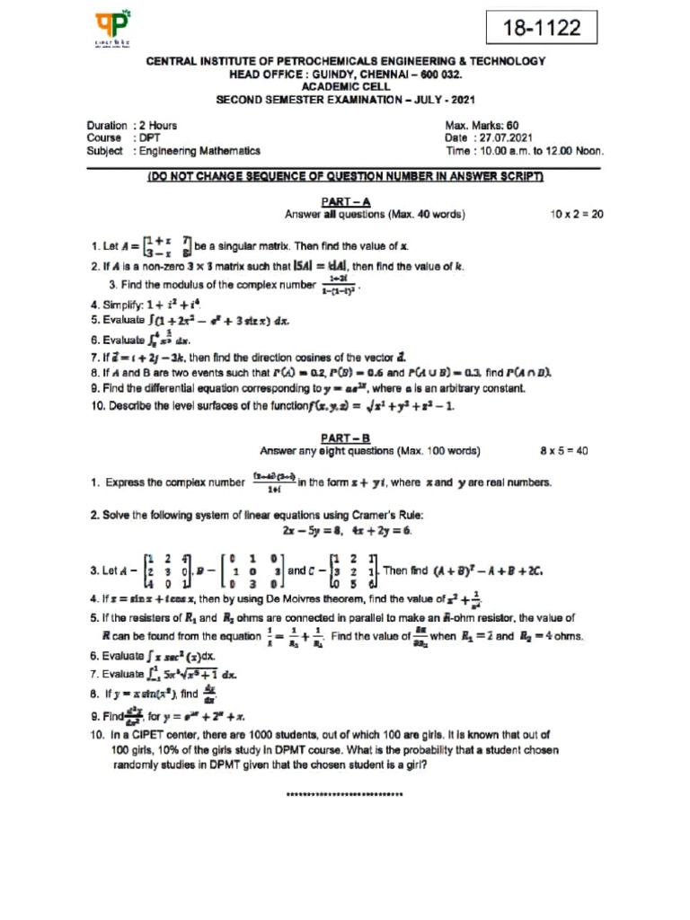 DPT Engineering Mathematics | PDF | Complex Number | Equations
