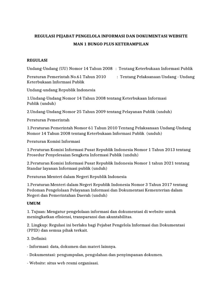 Regulasi Pejabat Pengelola Informasi Dan Dokumentasi Website | PDF