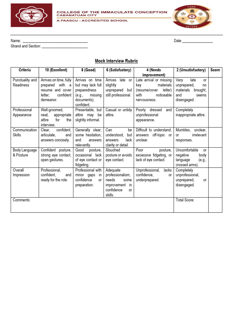 Mock Interview Rubric | PDF | Human Communication | Psychological Concepts