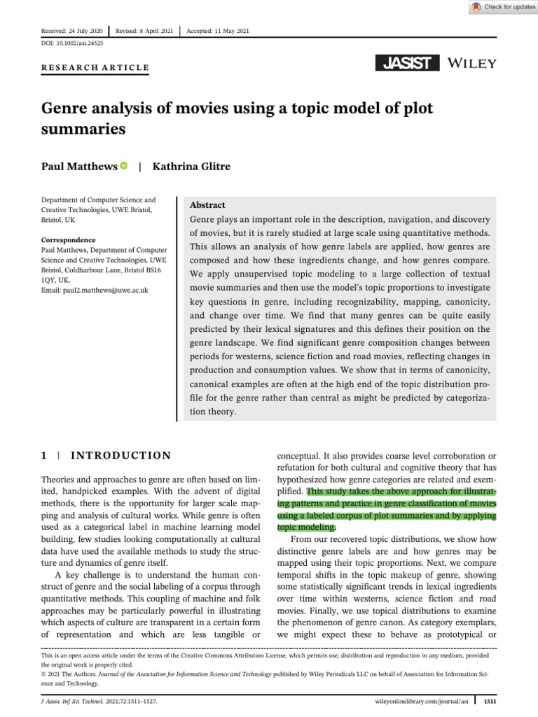 Asso For Info Science Tech 2021 Matthews Genre Analysis Of Movies 