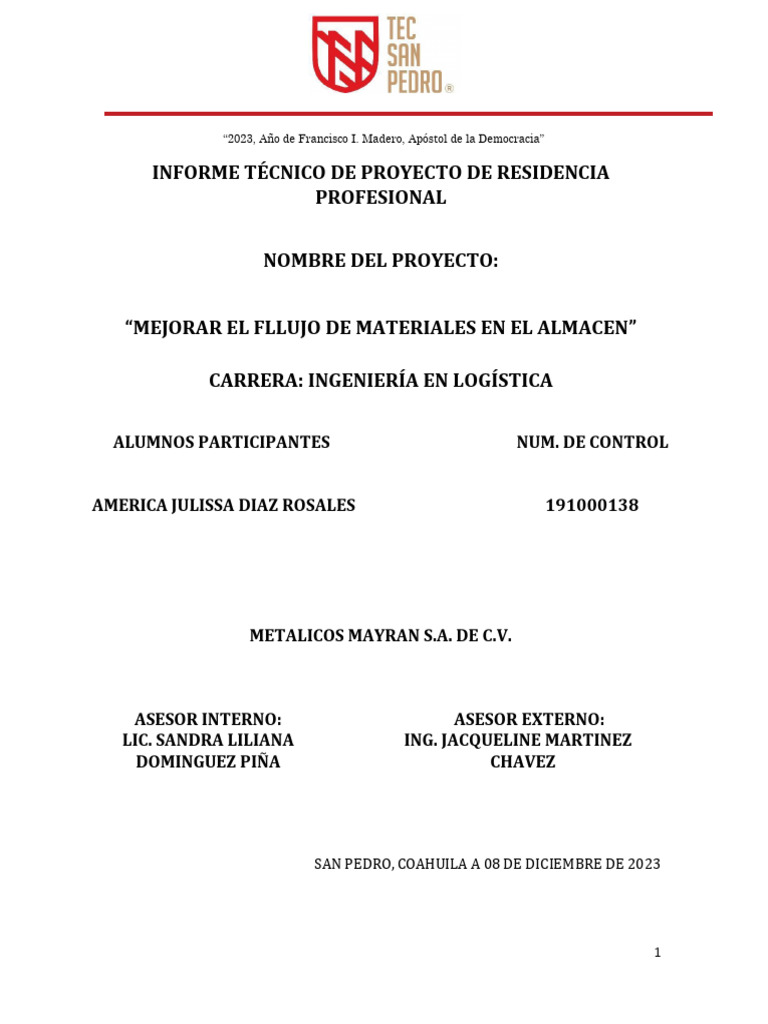ANEXO XXVIII. Estructura Del Reporte Final de Residencia Profesional | PDF | Almacén | Logística