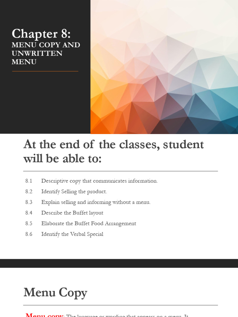 Menu Planning Chapter 8 | PDF | Menu | Buffet
