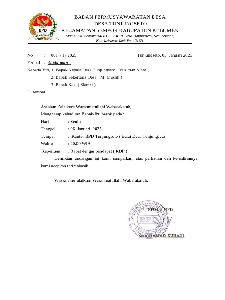 Undangan Rapat BPD Tunjungseto 2025 | PDF