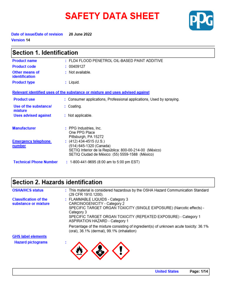fld4 Flood Penetrol Oil-Based Paint Additive 00409127 en Sds | PDF | Toxicity | Occupational ...