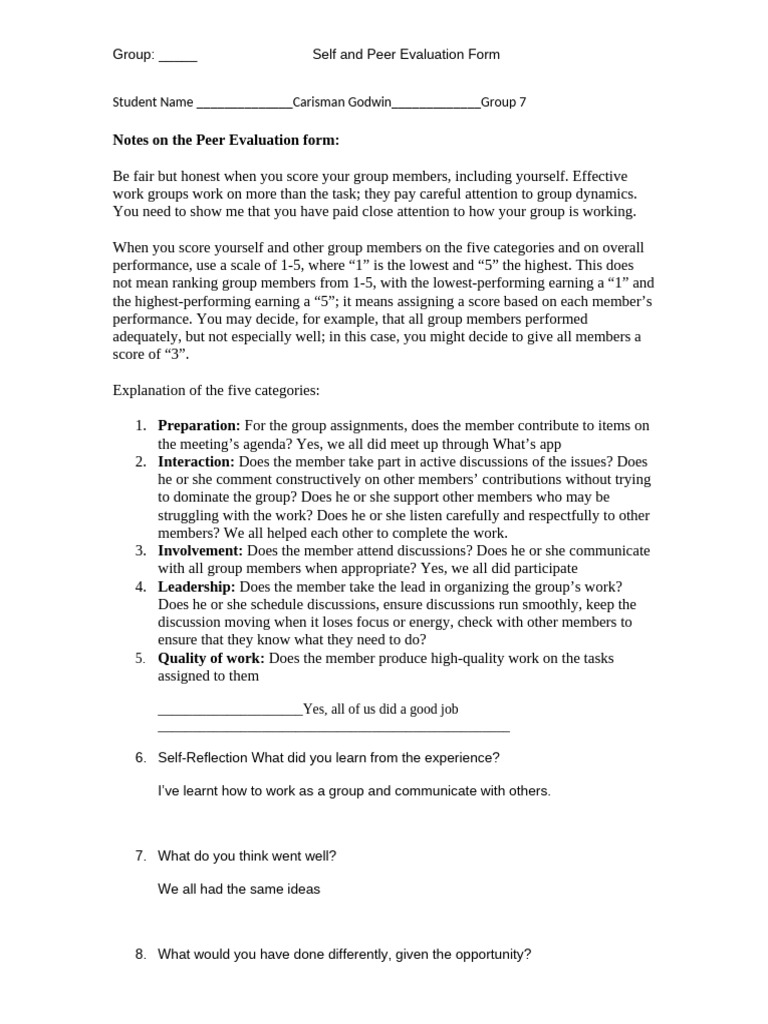 Peer Self Evaluation | PDF | Behavioural Sciences | Social Psychology