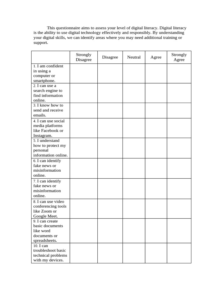 Digital Literacy Self-Assessment Tool | PDF