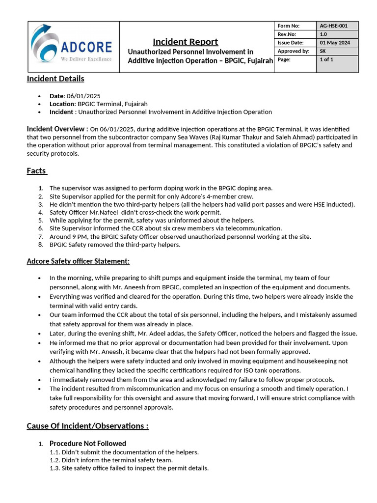 06-11-2025 - Incident Report – Unauthorized Personnel Involvement – BPGIC, Fujairah | PDF