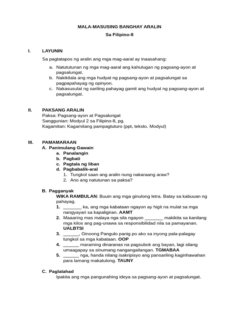 BanghayAralinF8 - Pagsang-Ayon at Pagsalungat | PDF